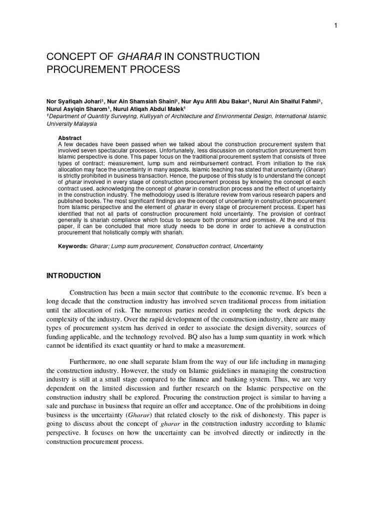 Concept of Gharar in Construction Procur | PDF