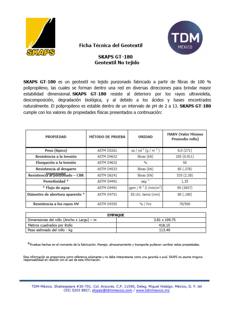 Ficha Tecnica Del Geotextil Skaps GT 180 Geotextil No Tejido PDF Free | PDF
