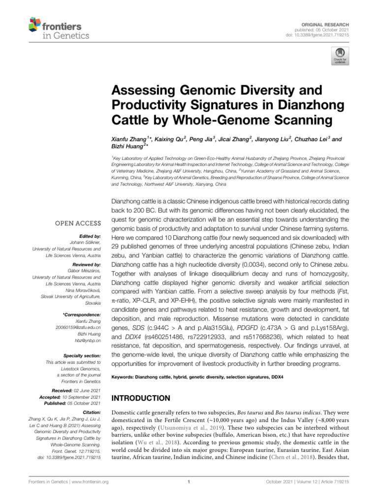 Assessing Genomic Diversity and Productivity Signatures in Dianzhong Cattle by Whole-Genome ...