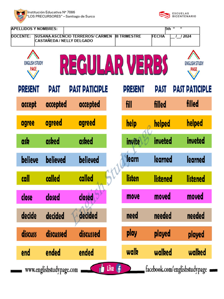 Regular Verbs List For 5th Grade 2024 | PDF