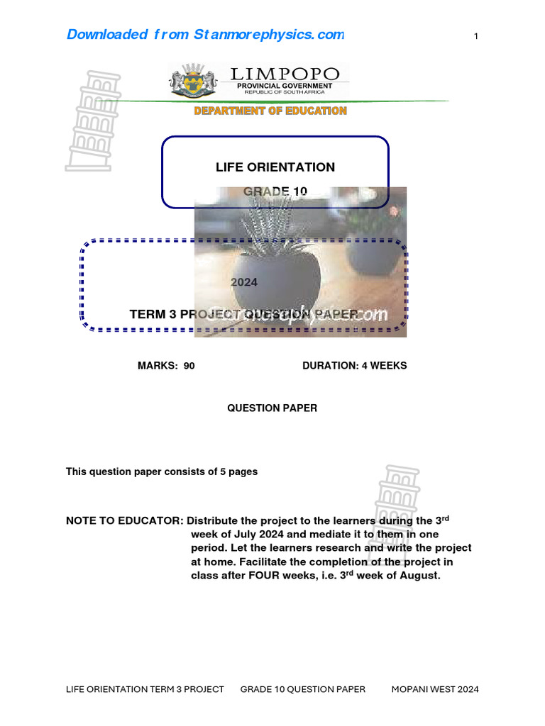 LP Life Orientation Grade 10 PROJECT 2024 Term 3 | PDF