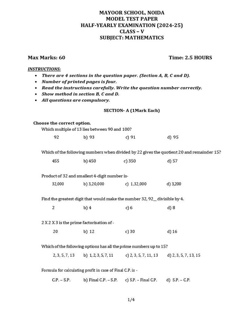 Mathematics HY Model Q Paper | PDF