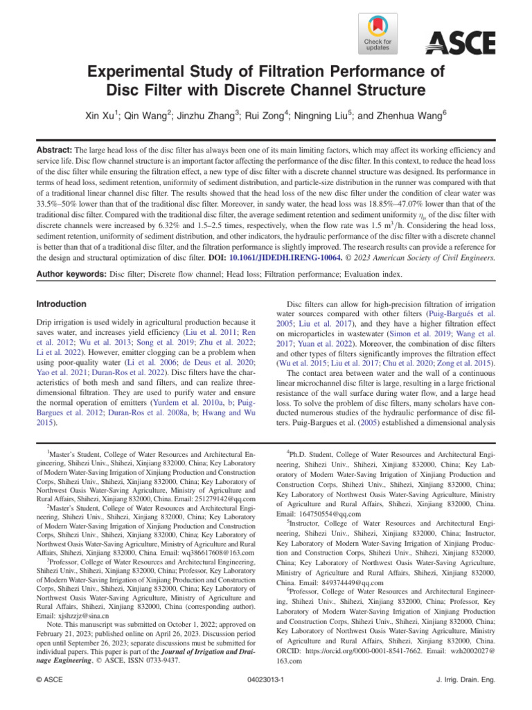 Xu Et Al 2023 Experimental Study of Filtration Performance of Disc Filter With Discrete Channel ...