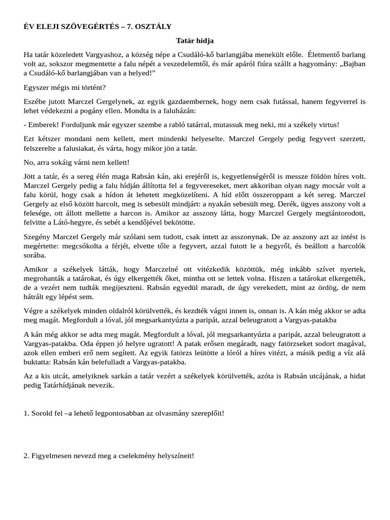 Osztály Év Eleji Szövegértés | PDF