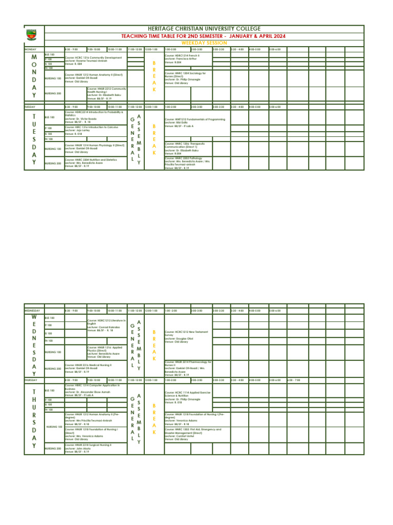 Teaching - Timetable - January & April 2024 - 2nd Semester - Revised | PDF