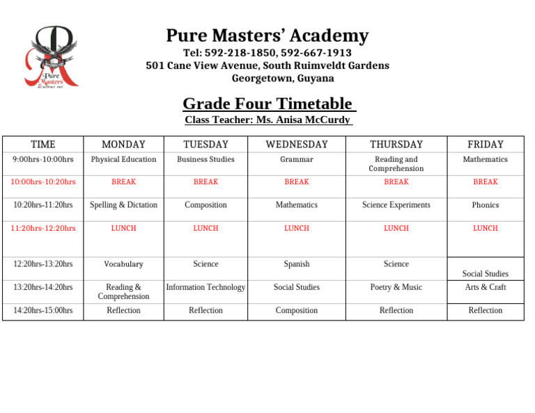 Grade Four (4) Timetable 2024-2025 | PDF