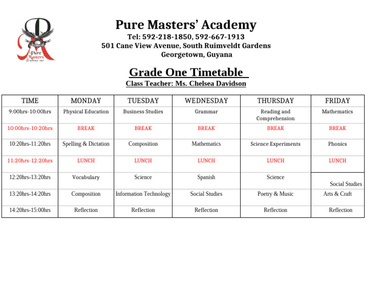 Grade One (1) Timetable 2024-2025 | PDF