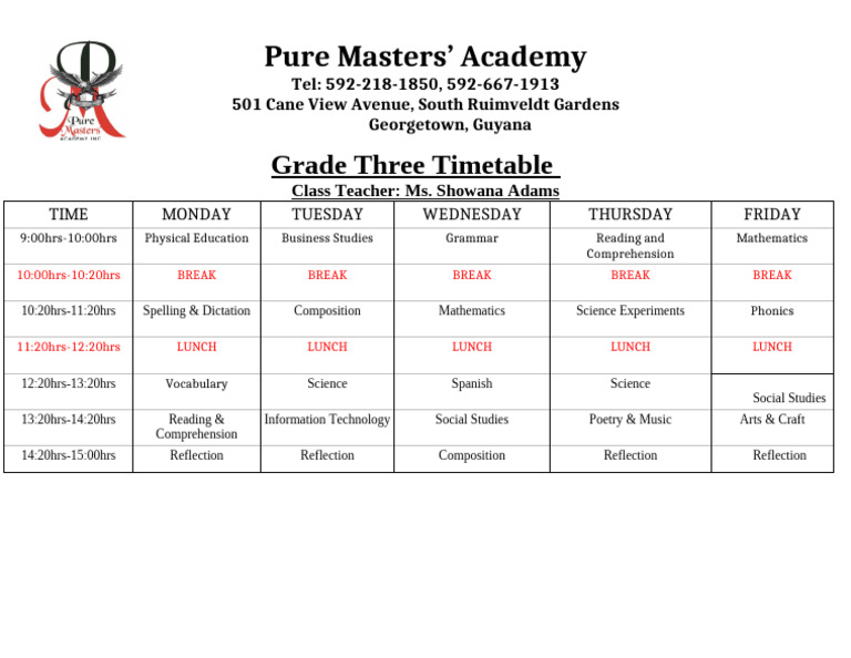 Grade Three (3) Timetable 2024-2025 | PDF