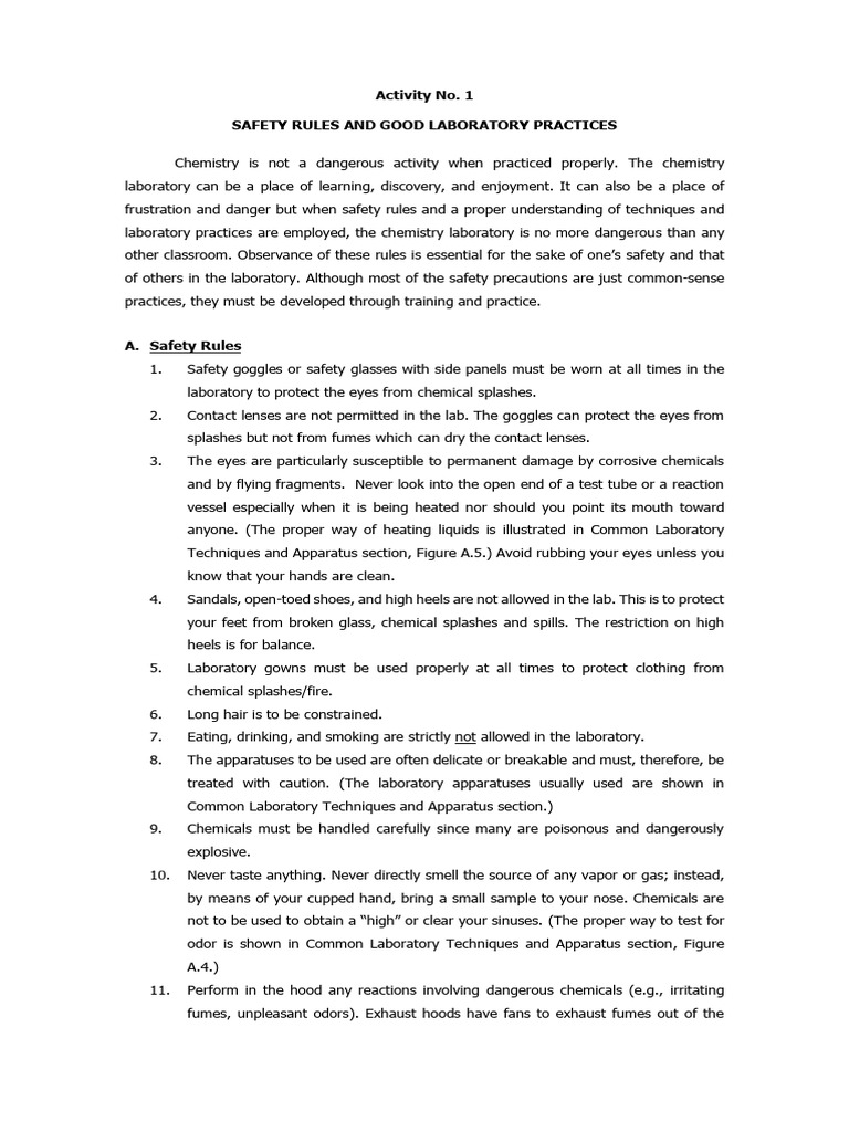 Act 1 Safety Rules and Good Laboratory Practices - Word 1 3 | PDF ...