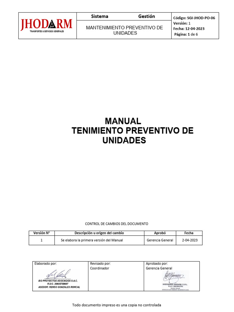 Sgi-Jhod-Po-06 Manual Mantenimiento Preventivo | PDF