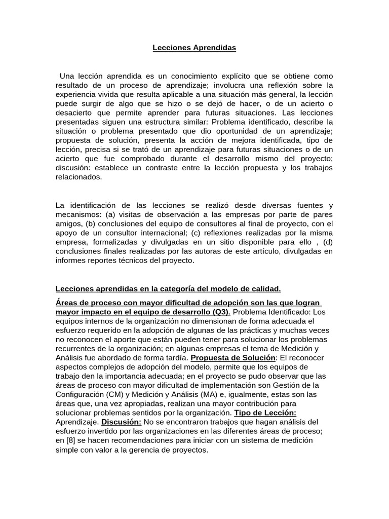 Lecciones Aprendidas | PDF