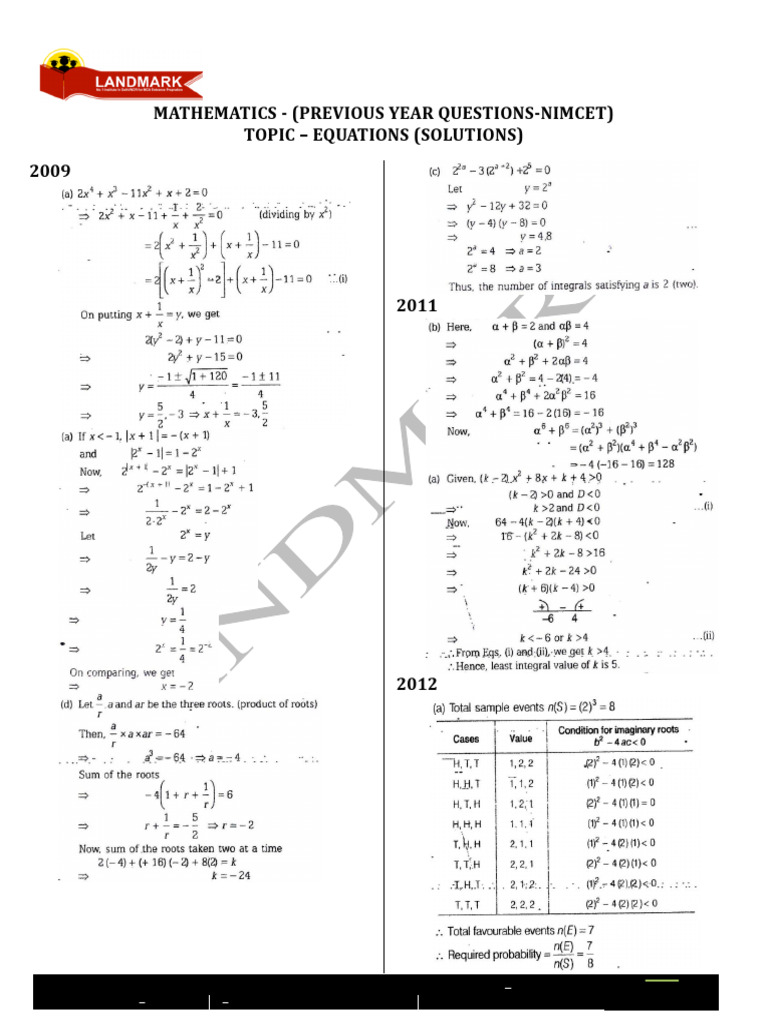 Equations - (Previous Year Questions-Nimcet) Solutions | PDF