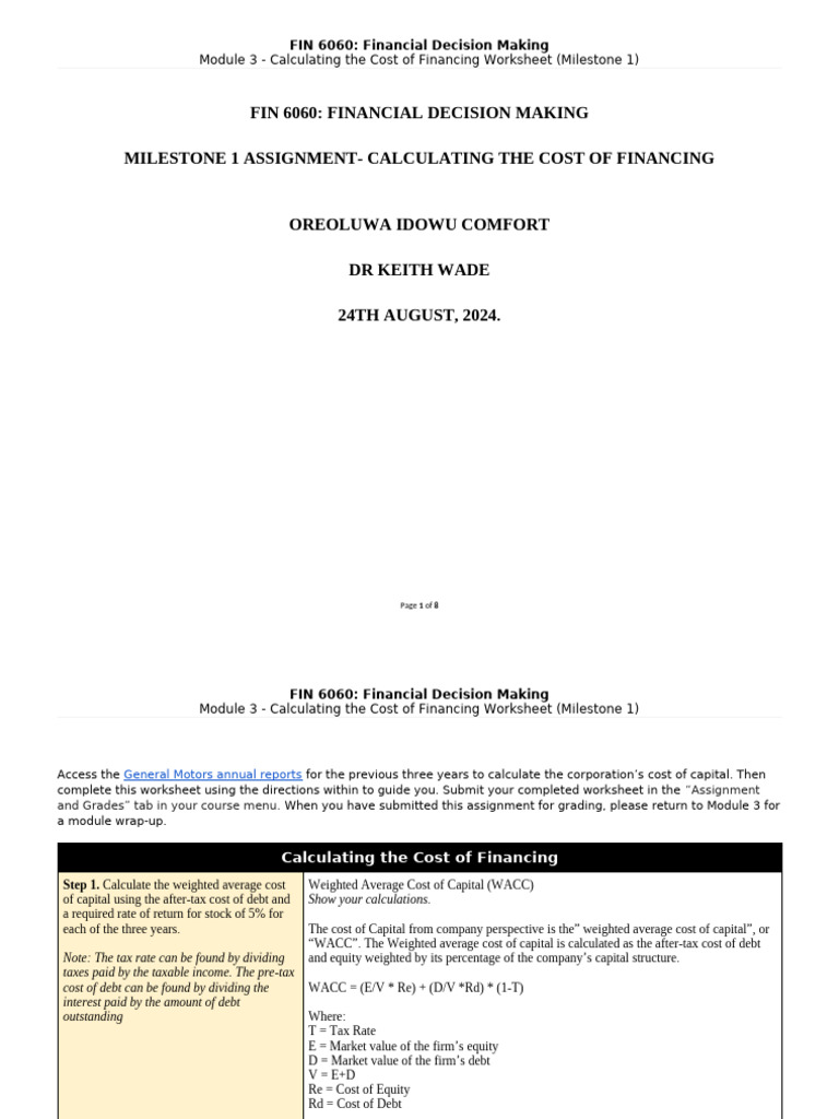 FIN 6060 Module 3 Worksheet (Milestone 1) | PDF