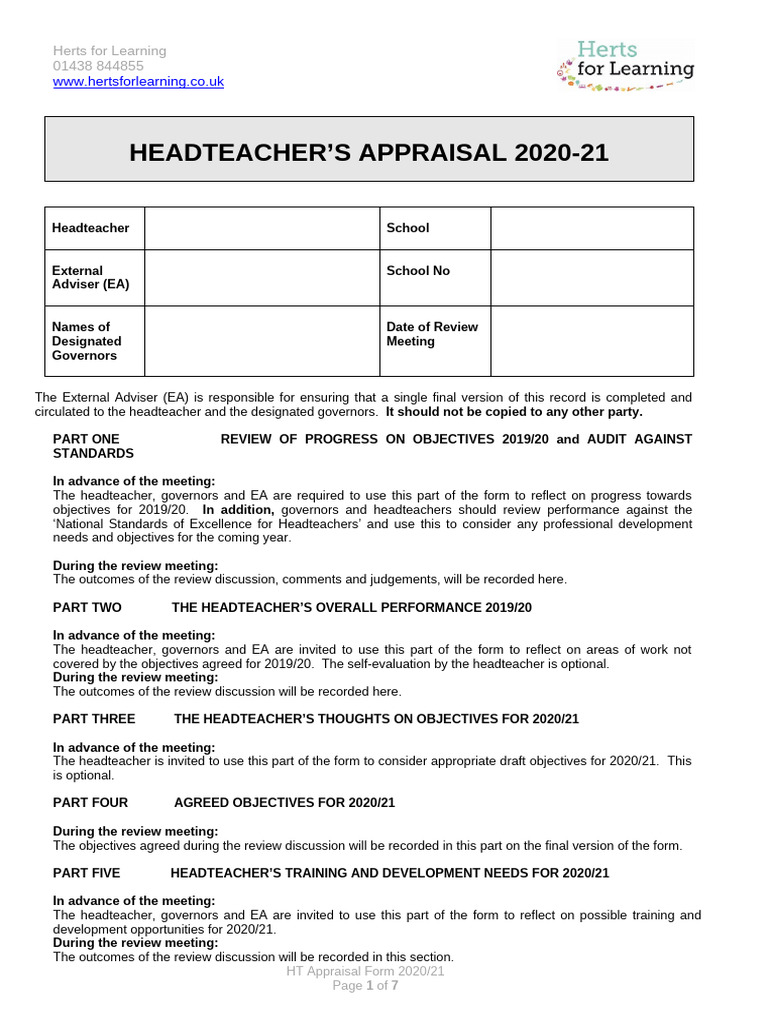 Headteacher Appraisals Form Autumn 2020 v2 | PDF | Business
