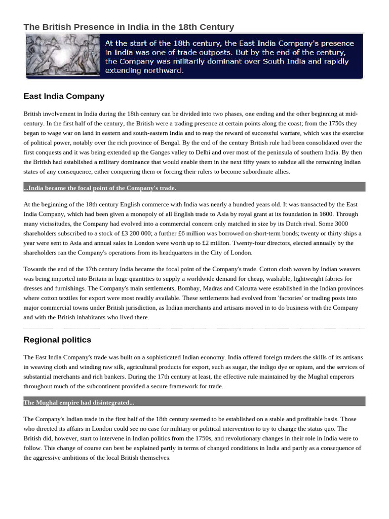 The British Presence in India in The 18th Century - 121139 | PDF