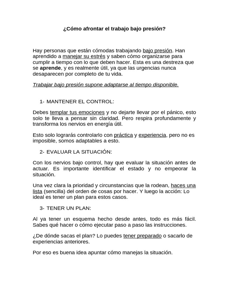 Cómo Afrontar El Trabajo Bajo Presión | PDF