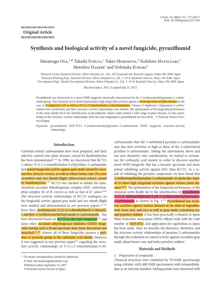 Synthesis and Biological Activity of A Novel Fungicide, Pyraziflumid | PDF