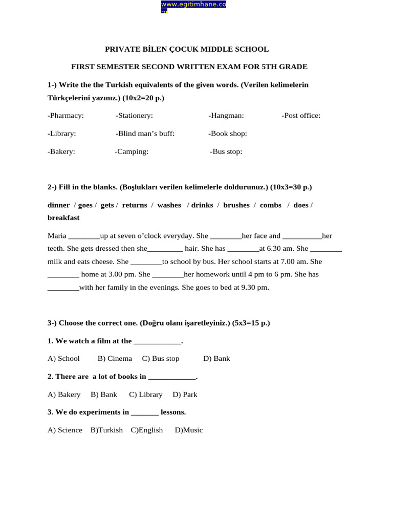 5 Siniflar2 Sinav | PDF