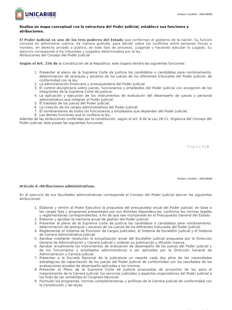 Unidad 3. Actividad 2. Entregable. FUNCION JUDICIAL Ventura, Carolina - A00148306 | PDF