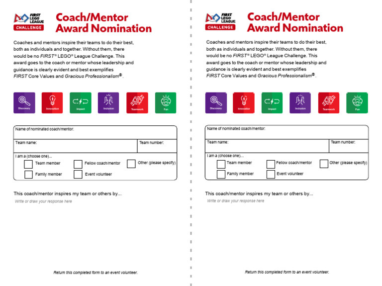 FLL Challenge Submerged Coach Mentor Nomination Print | PDF