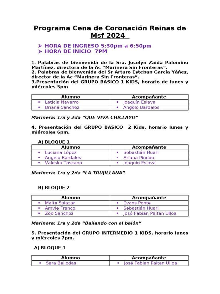 Programa Cena de Coronación Reinas de MSF 2024-Padres | PDF