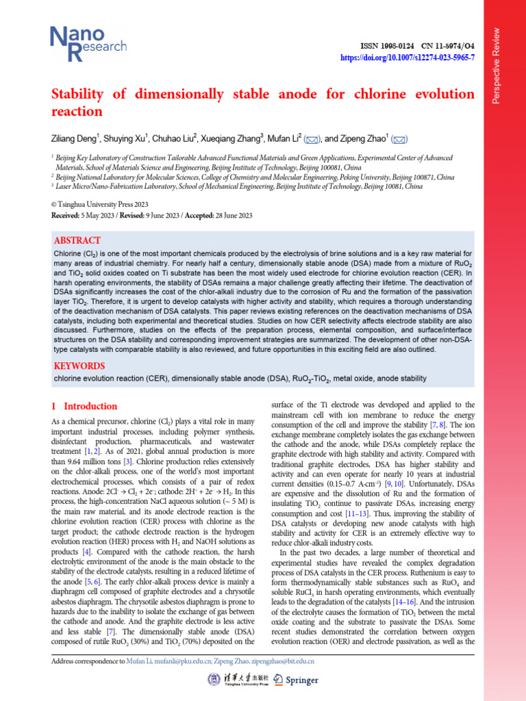 Stability of Dimensionally Stable Anode For Chlorine Evolution Reaction | PDF | Corrosion ...