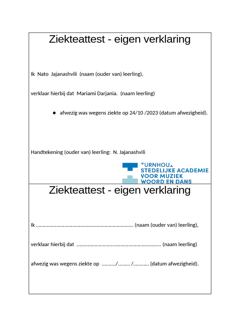 Ziektebriefje Eigen Verklaring | PDF