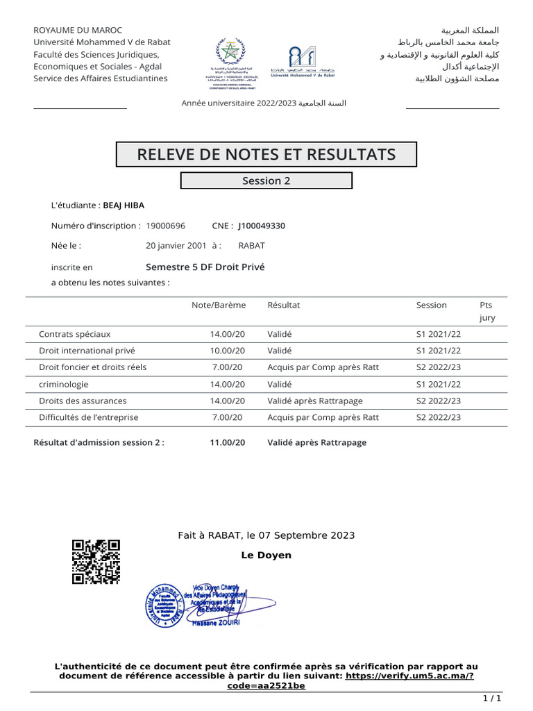 Releve de Notes Et Resultats: Session 2 | PDF