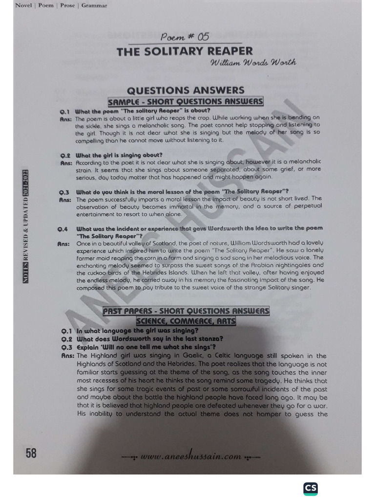 Xii Poem The Man of Life Upright & The Solitary Reaper Qans & Mcqs | PDF