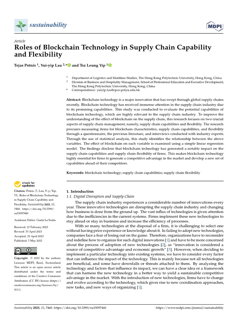2023 - Roles of Blockchain Technology in Supply Chain Cap | PDF