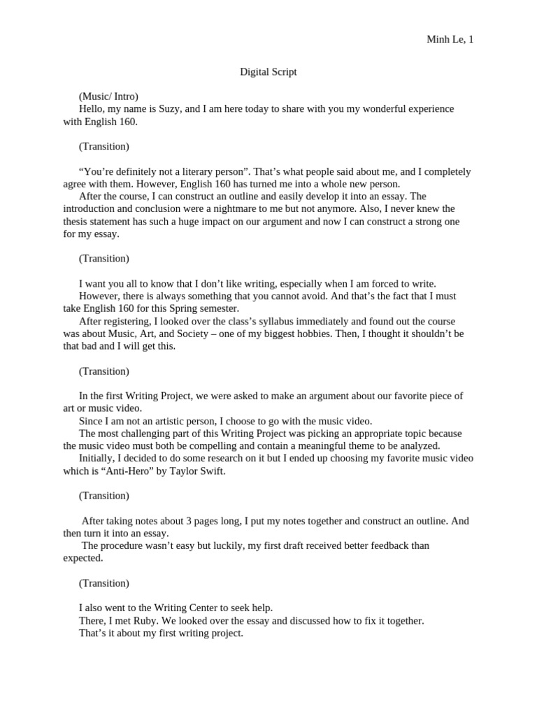 Le Thanh Hieu Minh - Writing Project 4 - Digital Script | PDF