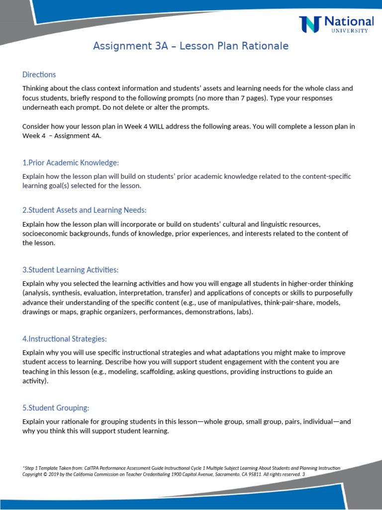 Assignment 3A - Lesson Plan Rationale - Instructions | PDF