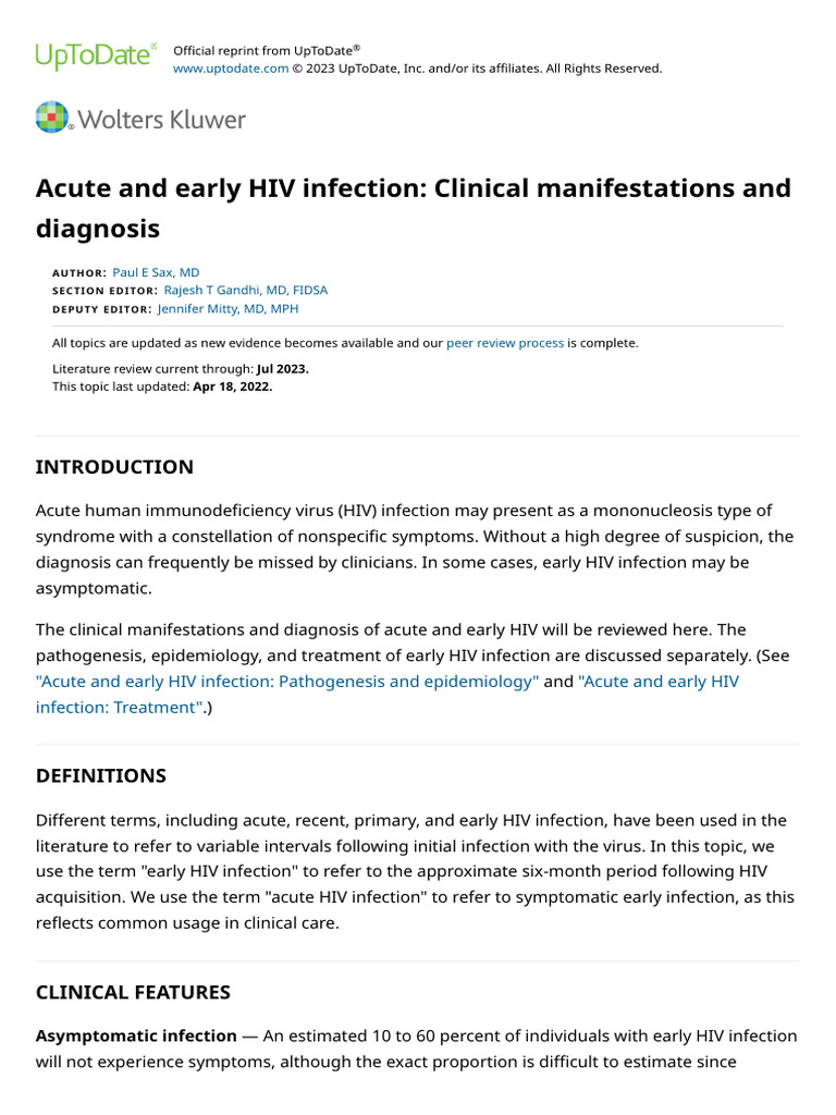 Acute and Early HIV Infection Clinical Manifestations and Diagnosis ...