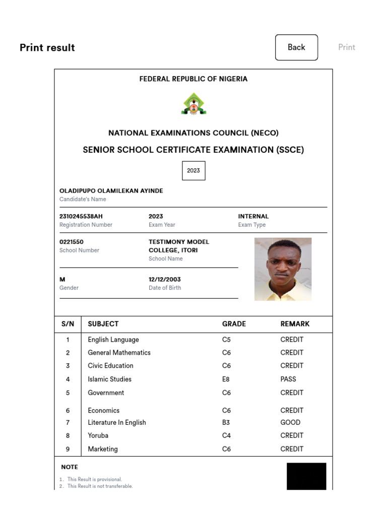 NECO Results Portal | PDF