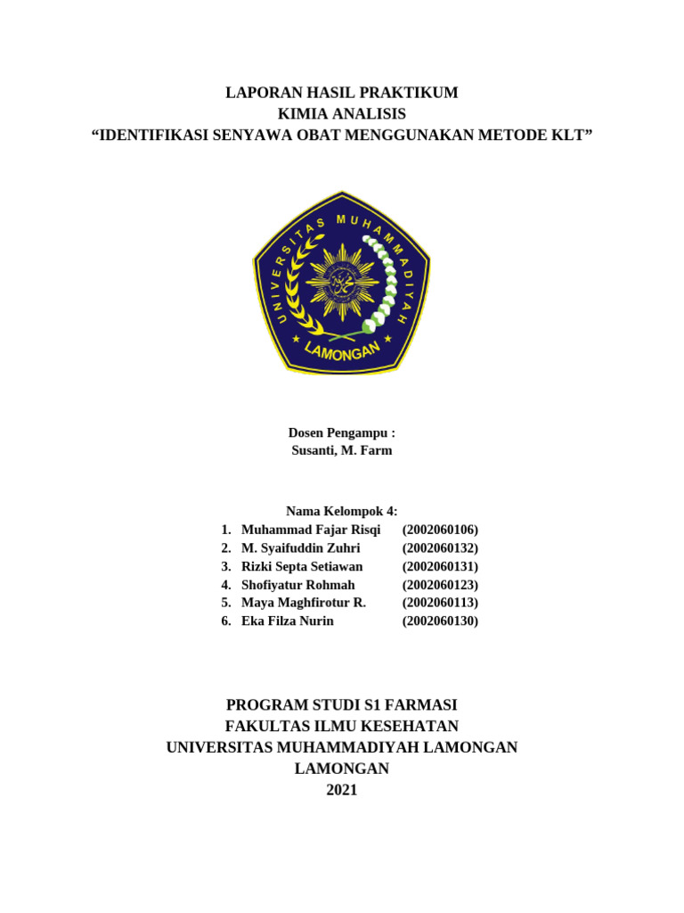 Laporan Hasil Praktikum Kimia Analisis "Identifikasi Senyawa Obat Menggunakan Metode KLT" | PDF
