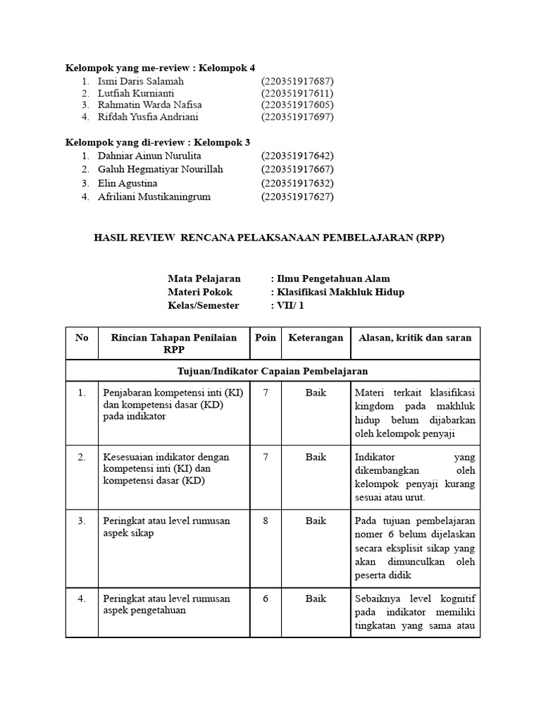 Review RPP Kelompok 3 Oleh Kelompok 4 | PDF