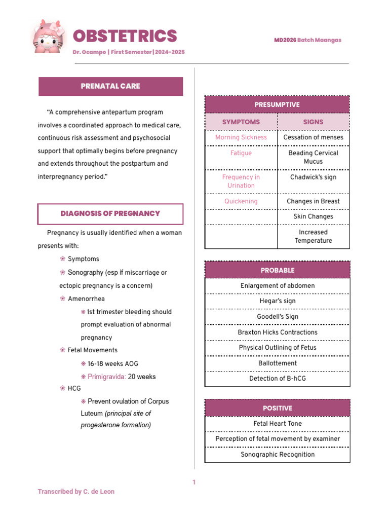 OB Prenatal Care (Dr. Ocampo) PDF | PDF