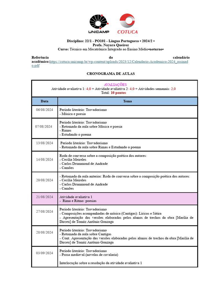Cronograma Parcial de Aulas - Meca Noturno - Alunos | PDF