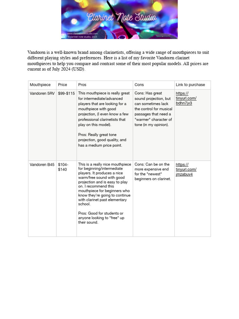 Vandoren Clarinet Moutpieces Comparison Chart | PDF