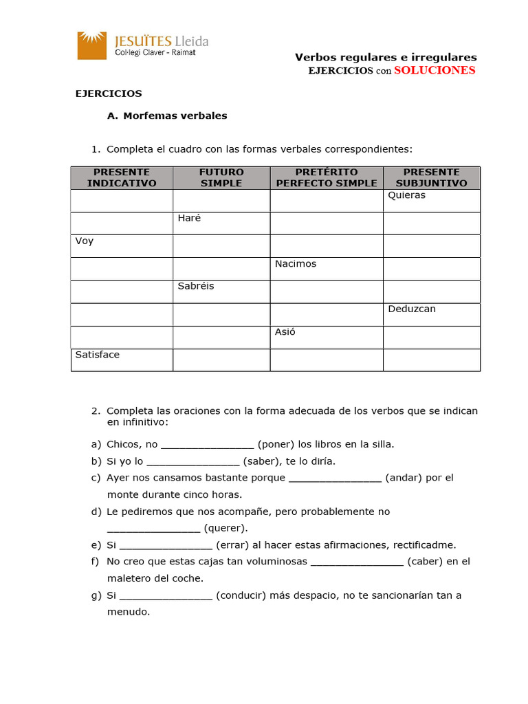 CAST - Irregularidades Verbales - Ejercicios (PRÃ CTICA Con SOLUCIONES) | PDF