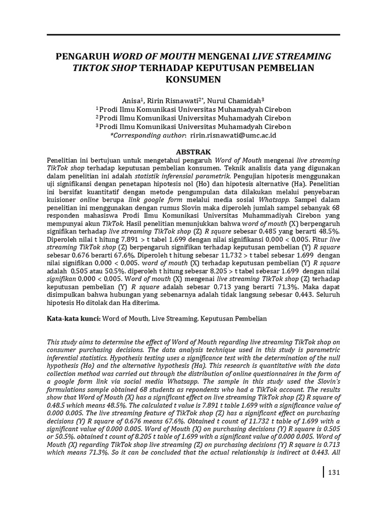 Pengaruh Word of Mouth Genai+live+streaming+tiktok+shop+terhadap+keputusan+pembelian+konsumen | PDF