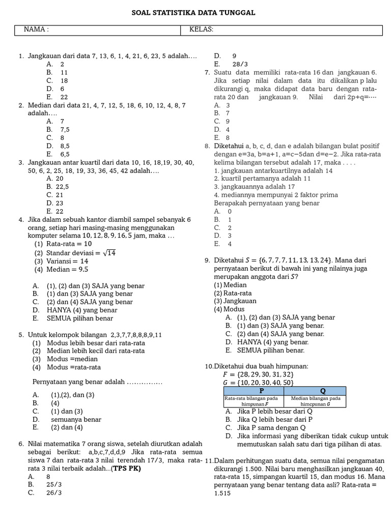 Latihan Soal Statistika Data Tunggal - 240825 - 203941 | PDF