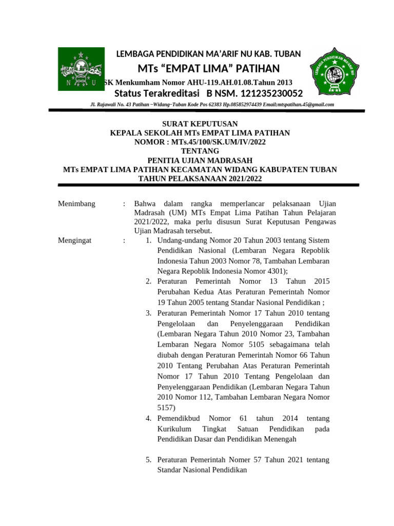 SK Pengawas Ujian MTS 45 | PDF