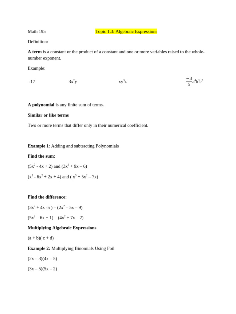 Topic 1.3 Algebraic Expressions Math 195 | PDF