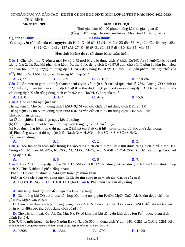 HSG 12 Thái Bình 2022-2023 | PDF