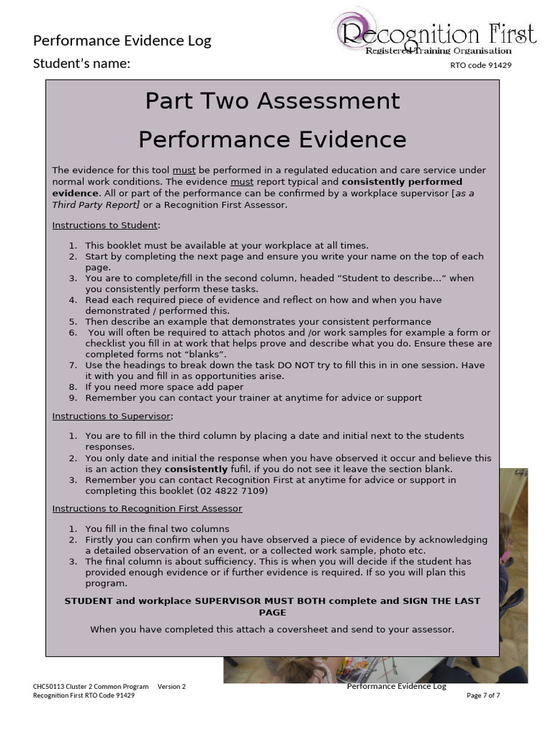 CHC50113 Performance Evidence Common Program Cluster 2 Part 2-Version 2 ...