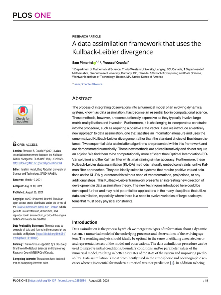 A Data Assimilation Framework That Uses The Kullback-Leibler Divergence | PDF