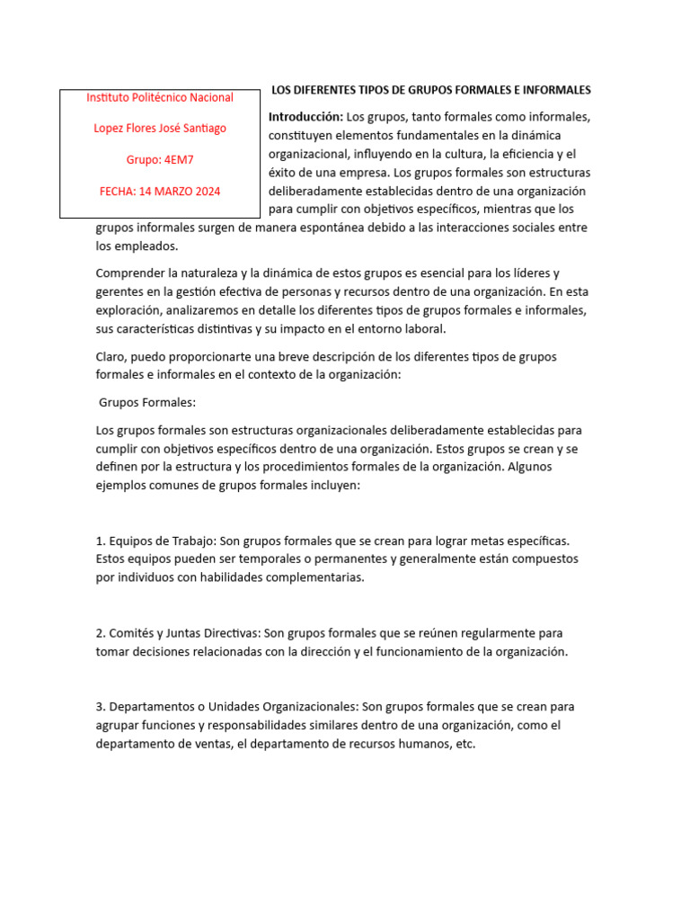 Los Diferentes Tipos de Grupos Formales e Informales | PDF