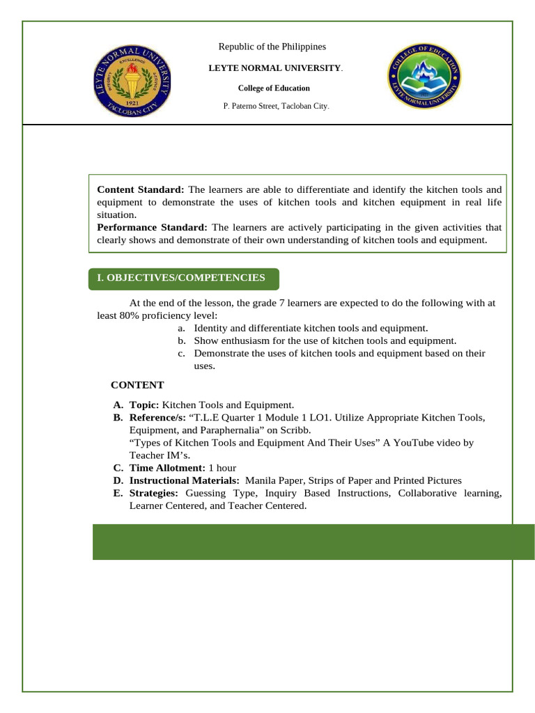 Donasco, Eddie Jade O. Detailed Lesson Plan ET11 | PDF | Spoon | Cooking
