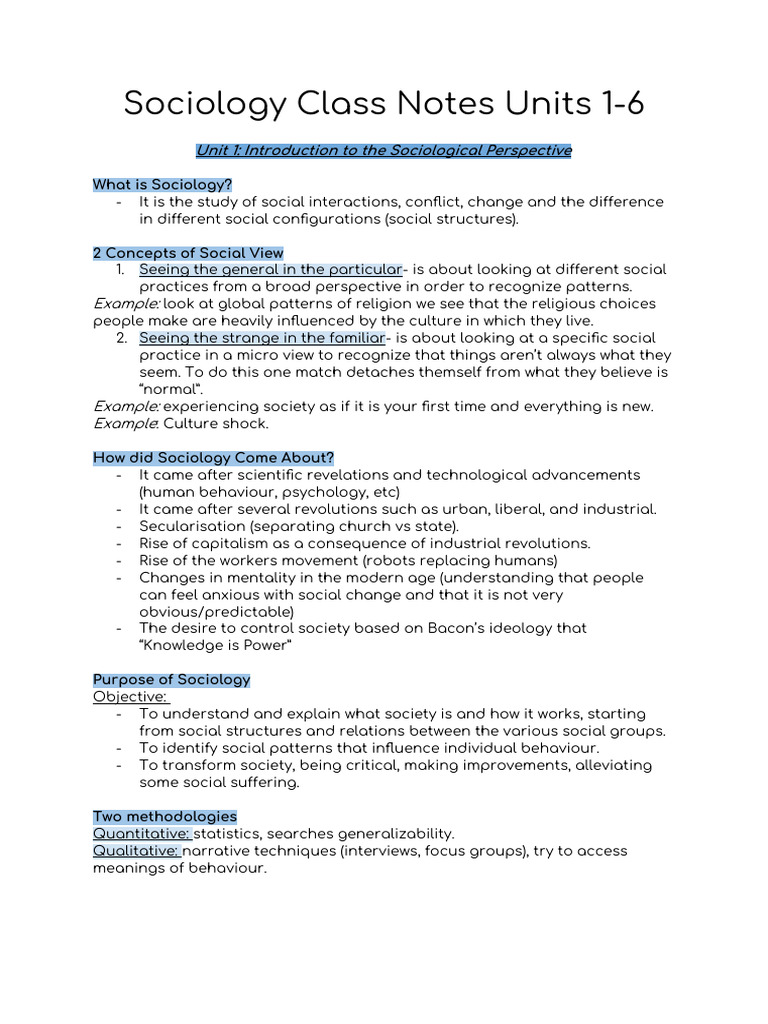 Sociology Class Notes Units 1-6 | PDF